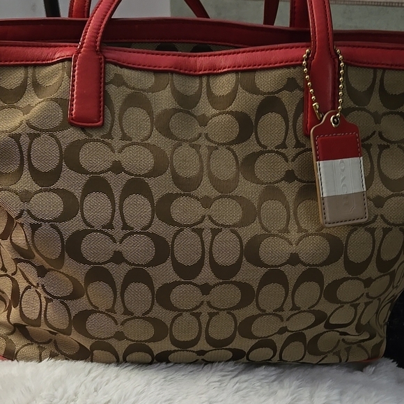 Coach | Bags | Coach Signature Canvas Tote Bag Brown And Red | Poshmark